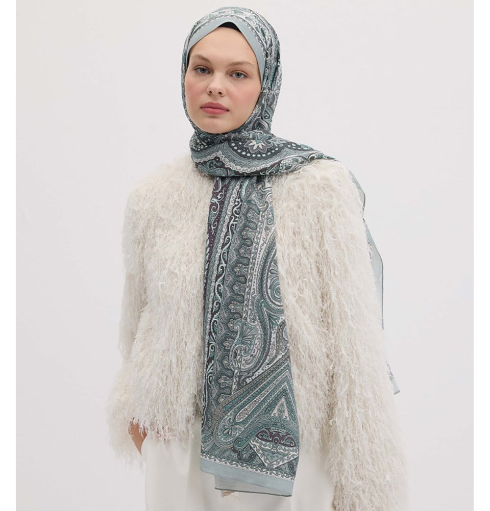 Modal Silk Blend Bohemian Breeze Etnic Floral Shawl Hijab - Silver