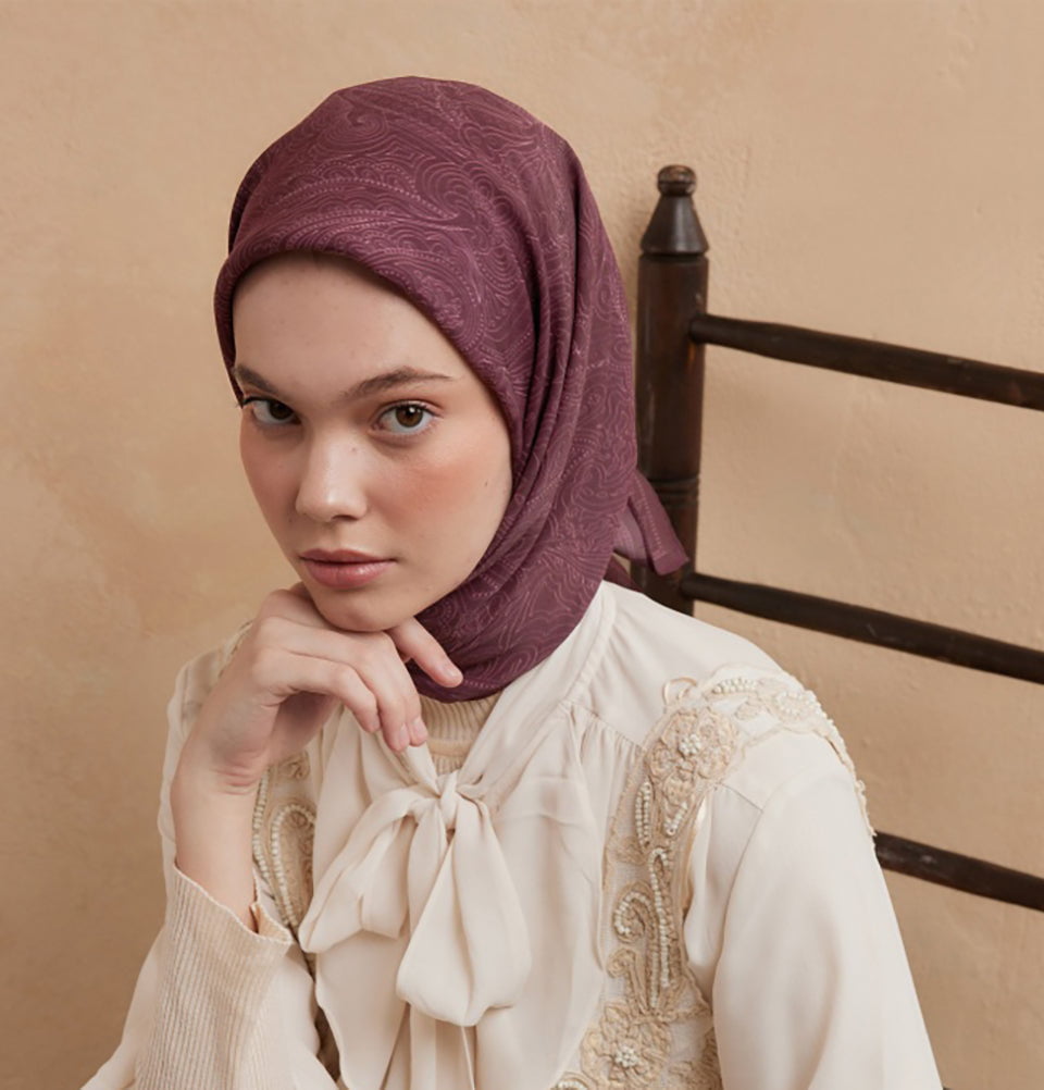 Modal Silk Blend Bohemian Breeze Reina Square Hijab - Mulberry