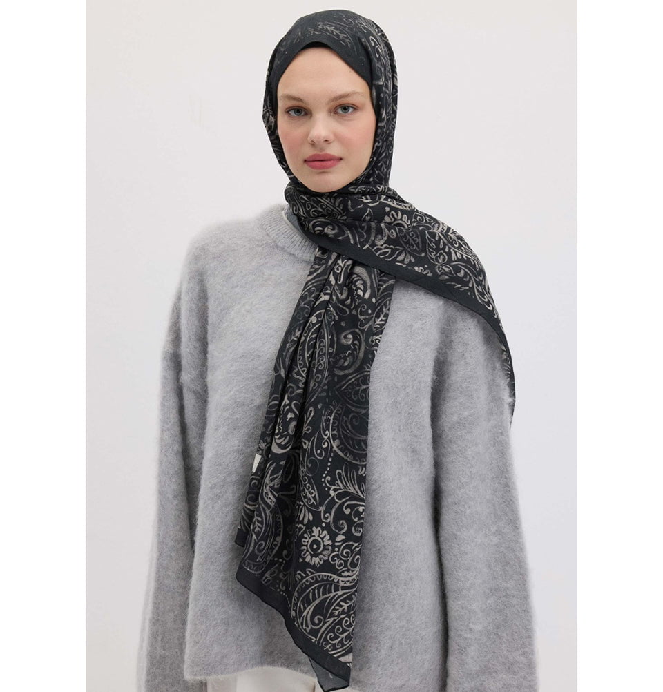 Modal Silk Blend Bohemian Breeze Freesia Shawl Hijab - Dark Blue