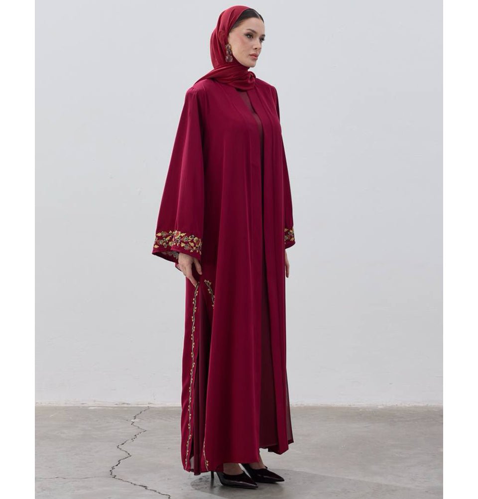 Muslim Women's Floral Embroidered Open Abaya - Burgundy