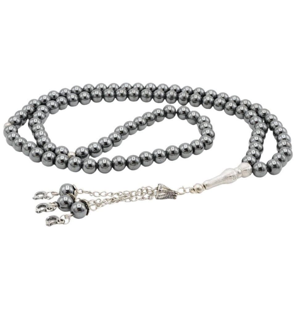 Islamic Tesbih Prayer Beads Round Hematite Stone 99 Count - Silver