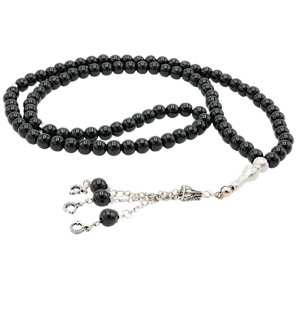 Islamic Tesbih Prayer Beads Round Onyx Stone 99 Count - Black