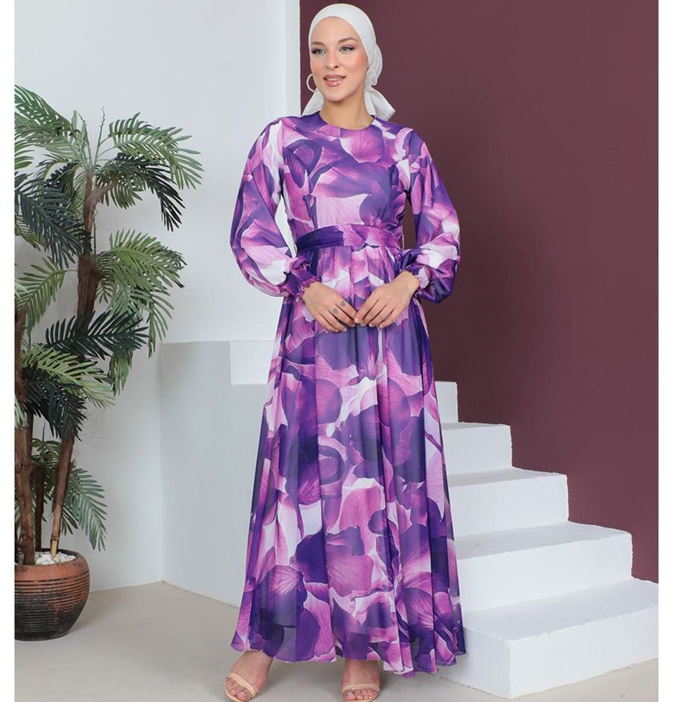 Modest Women's Dress Flower Petal 7999-55 - Purple