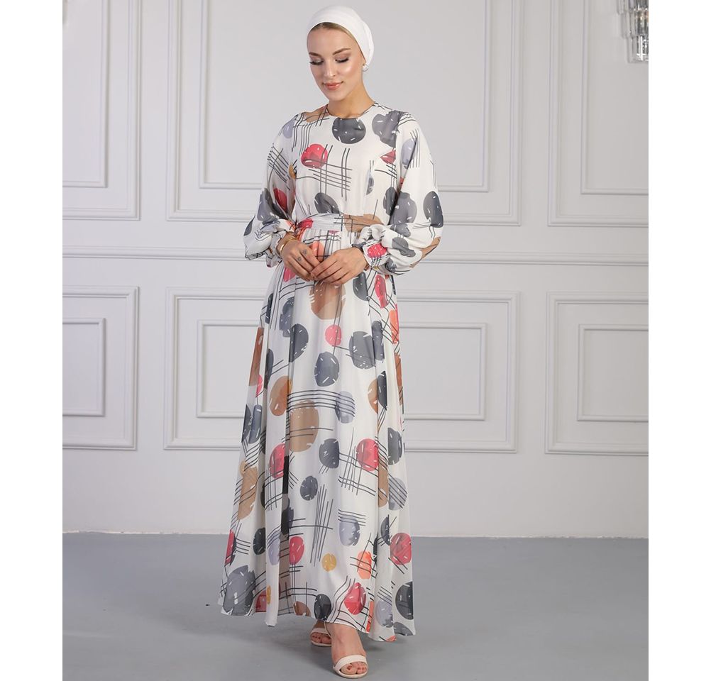 Modest Women's Dress Spotted Abstract 7999-29 - Grey and Multicolored