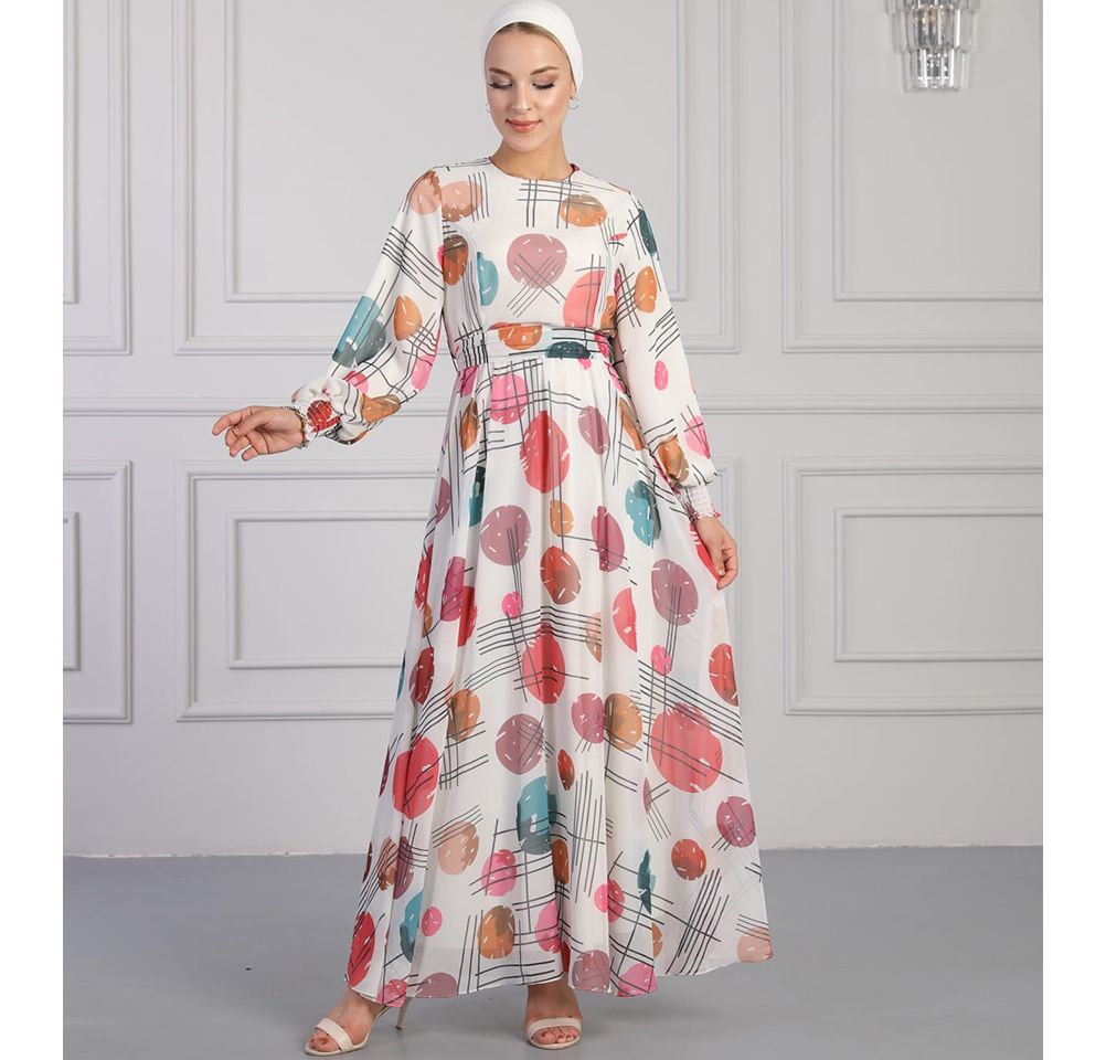 Modest Women's Dress Spotted Abstract 7999-29 - Red and Multicolored