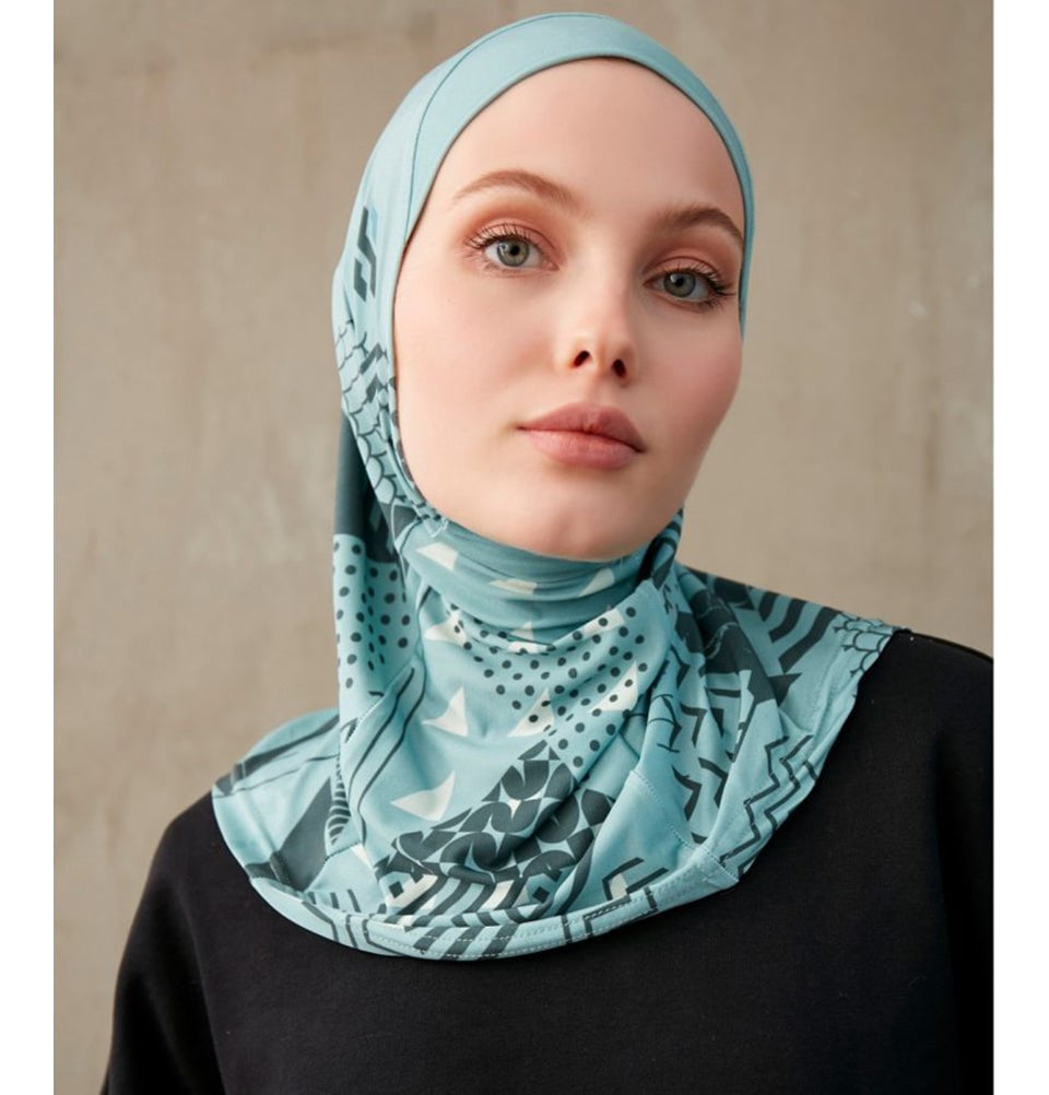 Modefa One Piece Instant Sports Hijab - Geometric Tiles - Aqua Green