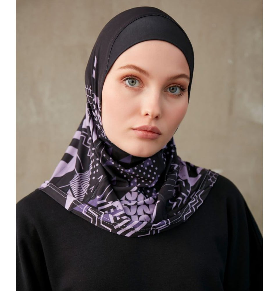 Modefa One Piece Instant Sports Hijab - Geometric Tiles - Black/Purple