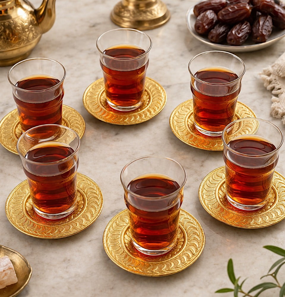 6 Piece Turkish Tea Cup Set | Glass Tea Cup Set with Saucer 305-K-18 G