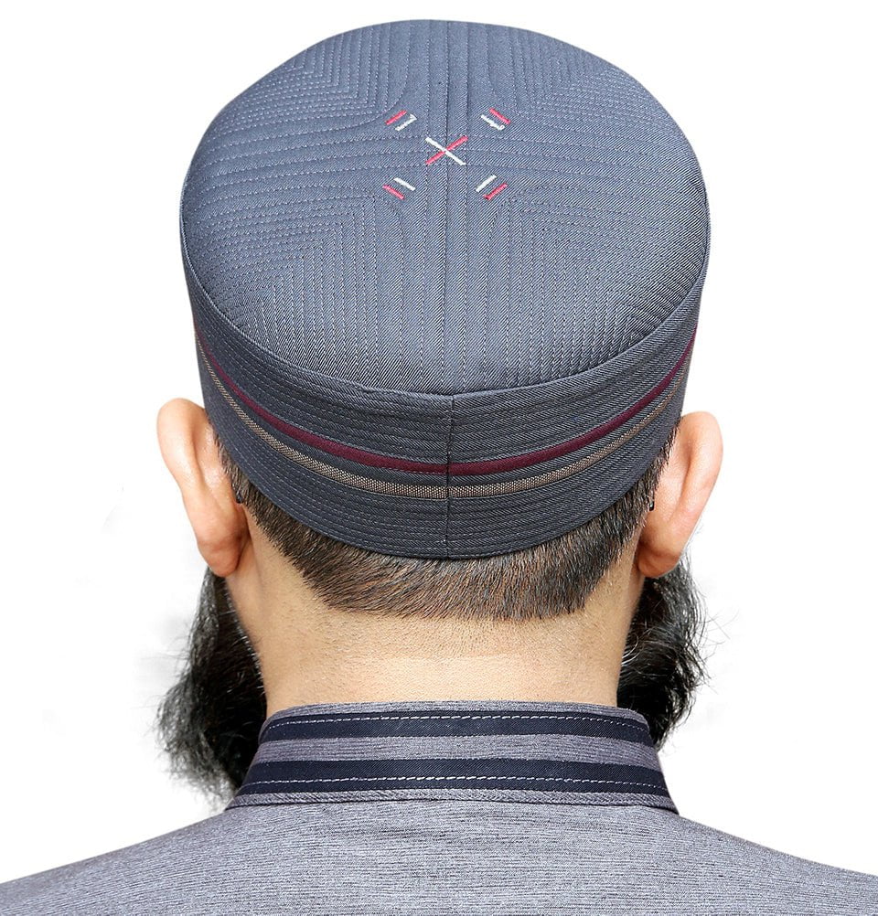 Men's Premium Striped Embroidered Islamic Turban Kufi - Dark Grey