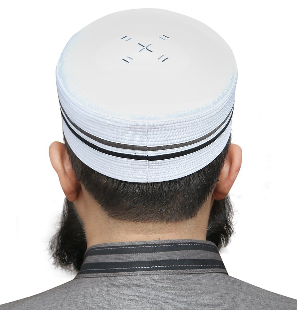 Men's Premium Striped Embroidered Islamic Turban Kufi - White