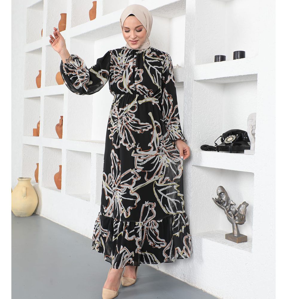 Modest Woman's Floral Abstract Dress 3115-23 - Black