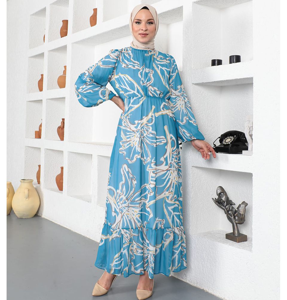 Modest Woman's Floral Abstract Dress 3115-23 - Blue