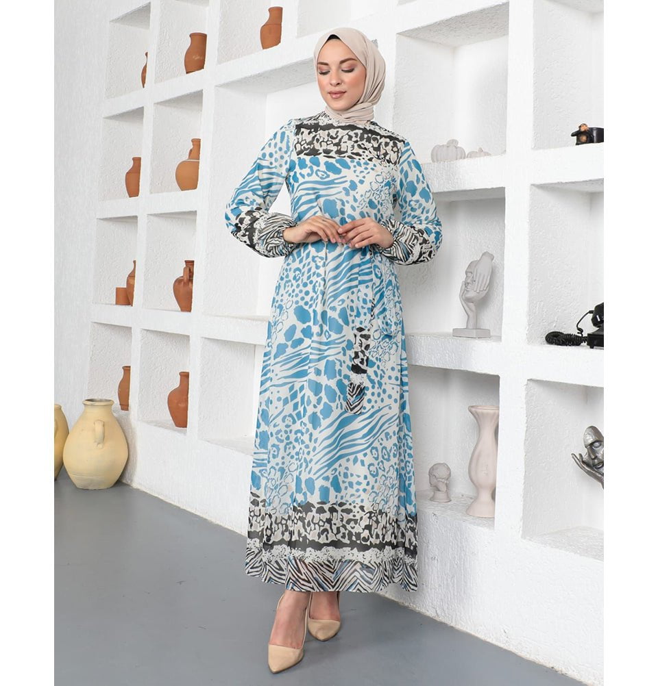 Modest Women's Dress Abstract Animal Print 3126 - Blue