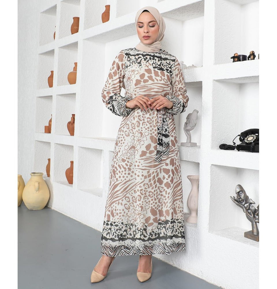 Modest Women's Dress Abstract Animal Print 3126 - Mink