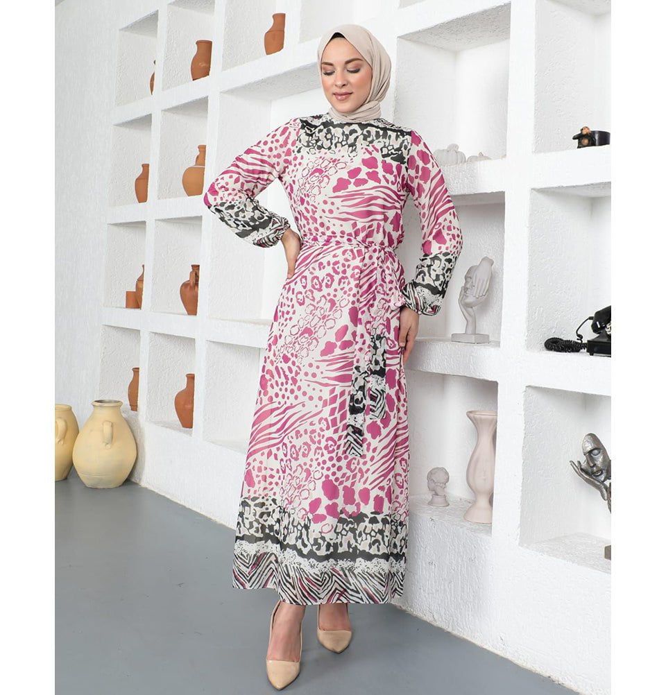 Modest Women's Dress Abstract Animal Print 3126 - Pink