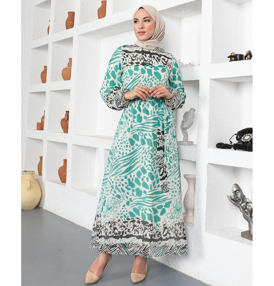 Modest Women's Dress Abstract Animal Print 3126 - Teal