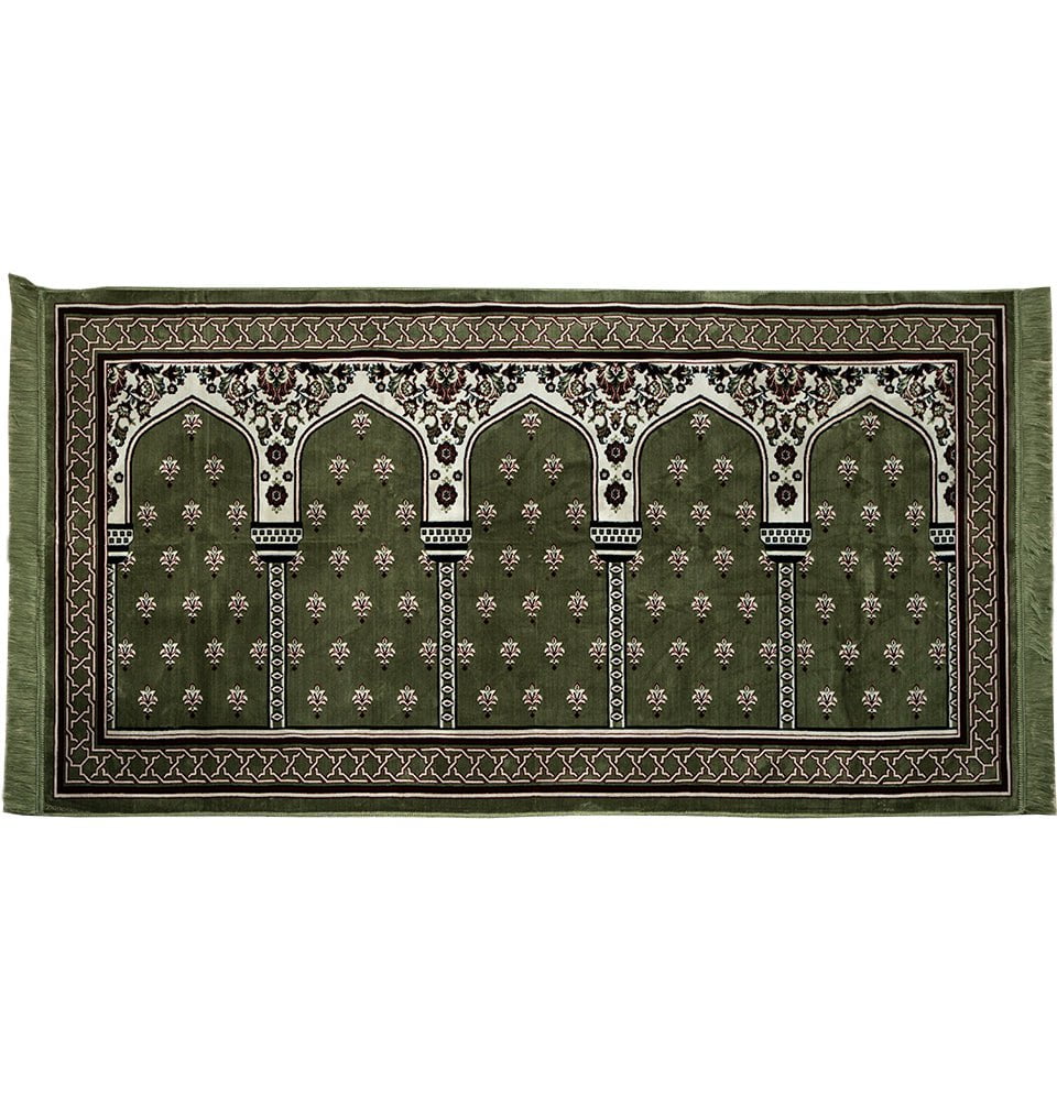 Wide 5 Person Masjid Islamic Prayer Rug - Mihrab Green