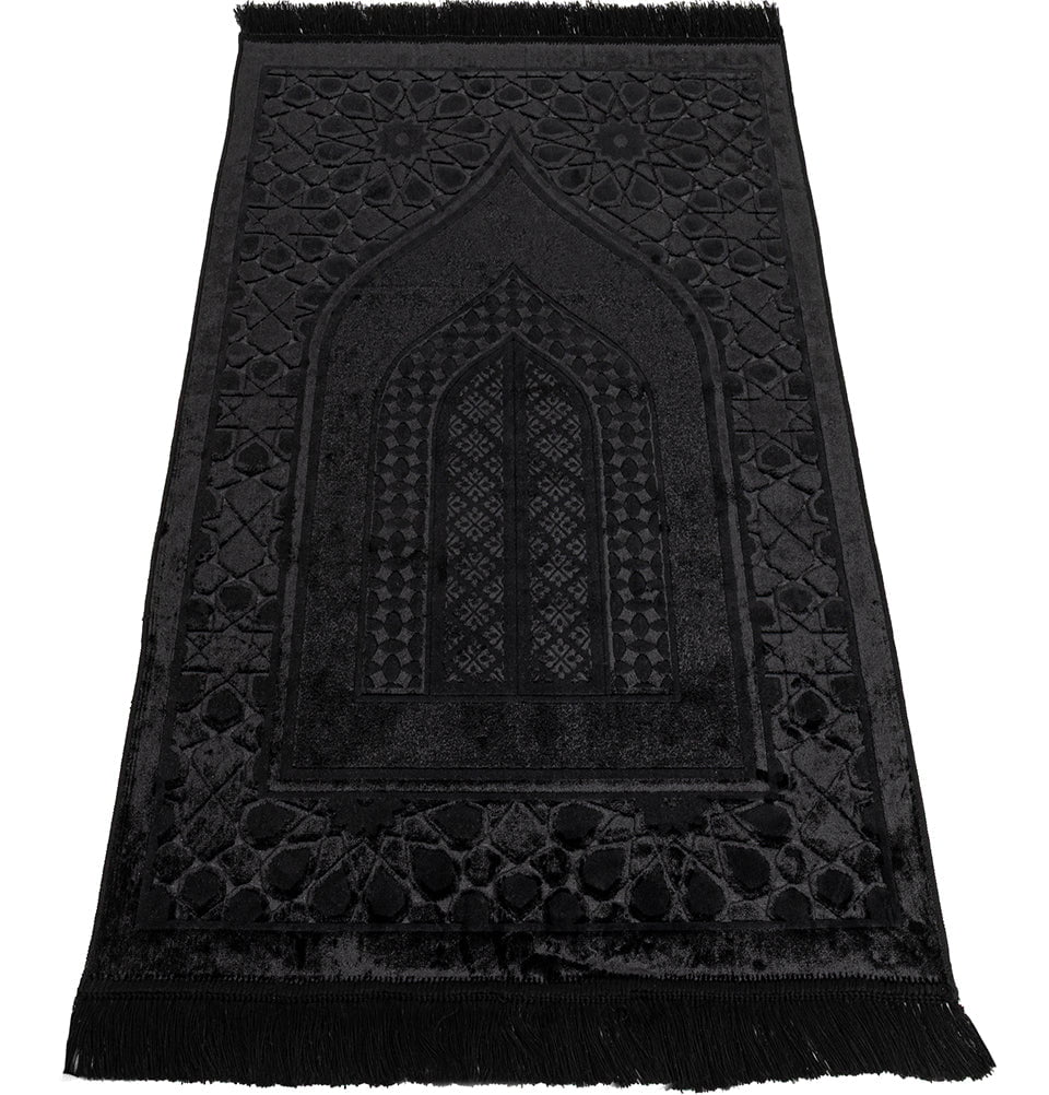 Luxury Velvet Islamic Prayer Rug Moroccan Star - Black