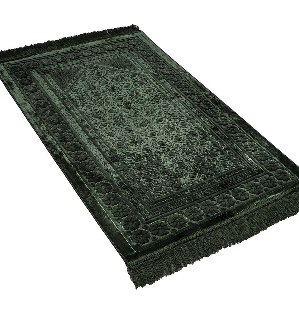Luxury Velvet Islamic Prayer Rug Floral Stamp Dark Green