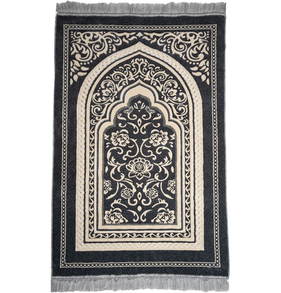 Double Plush Wide Islamic Prayer Rug Floral Arch - Grey