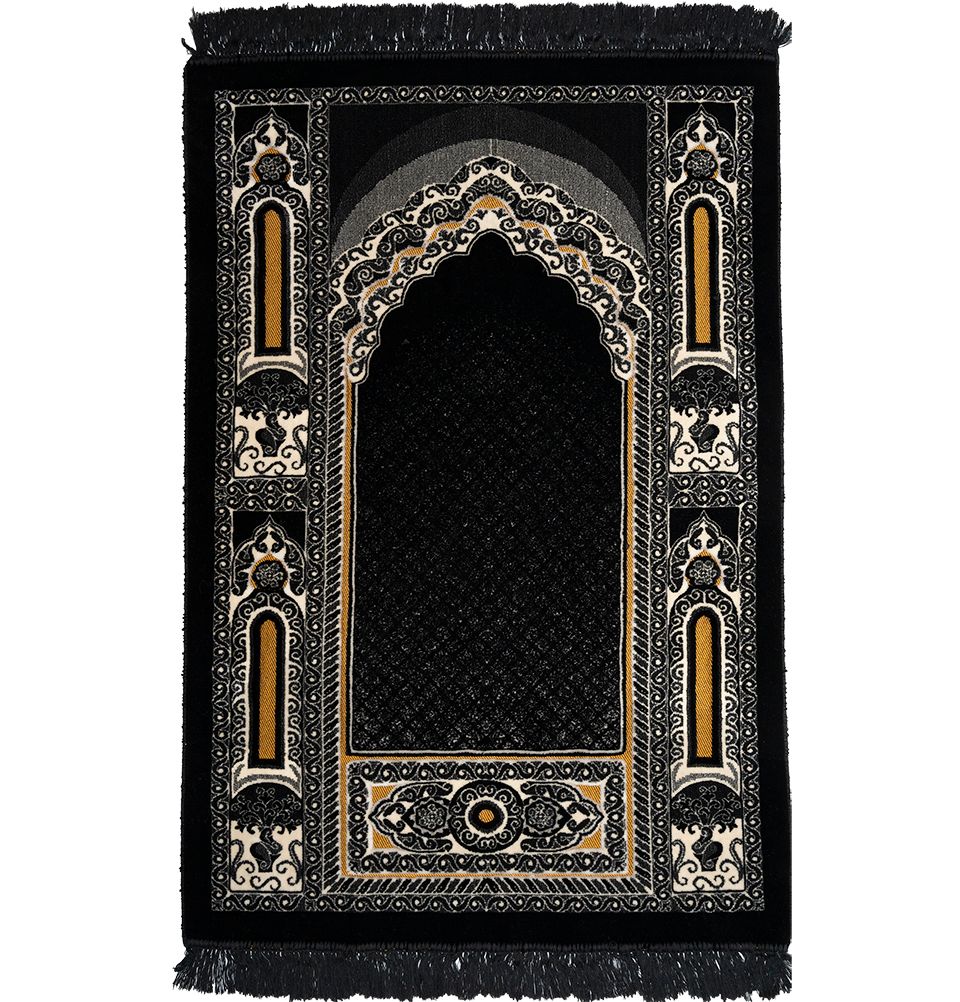 Double Plush Wide Islamic Prayer Rug - Floral Mihrab Black