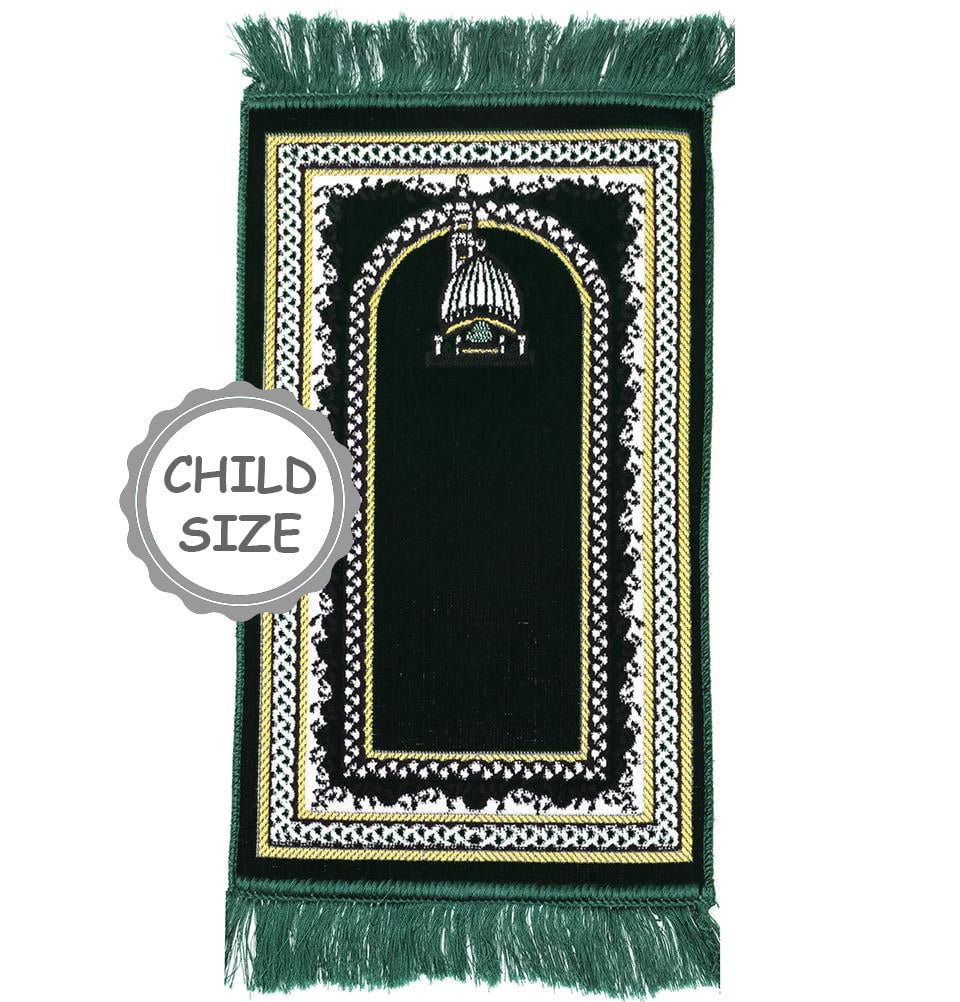 Child Velvet Islamic Prayer Rug - Mosque Dome Green