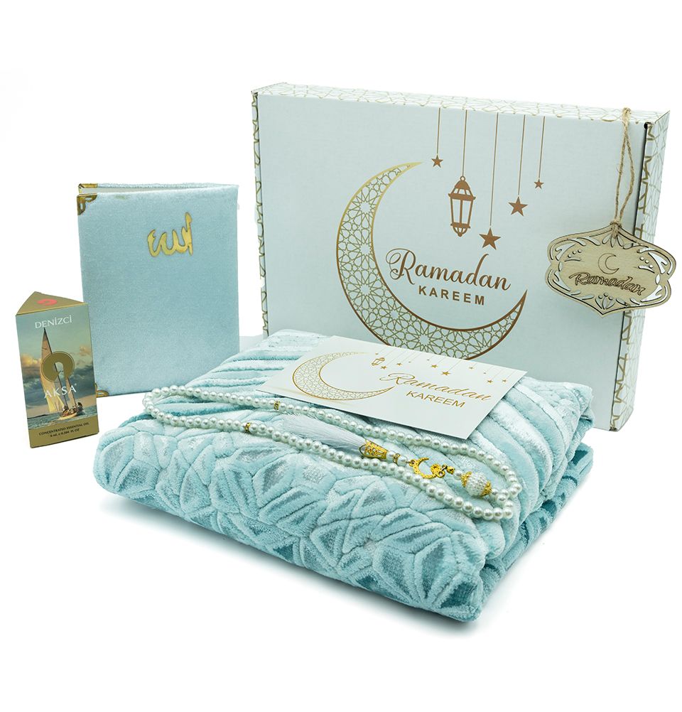 Luxury Velvet Islamic Prayer Rug 5 Piece Ramadan Gift Set - Light Blue