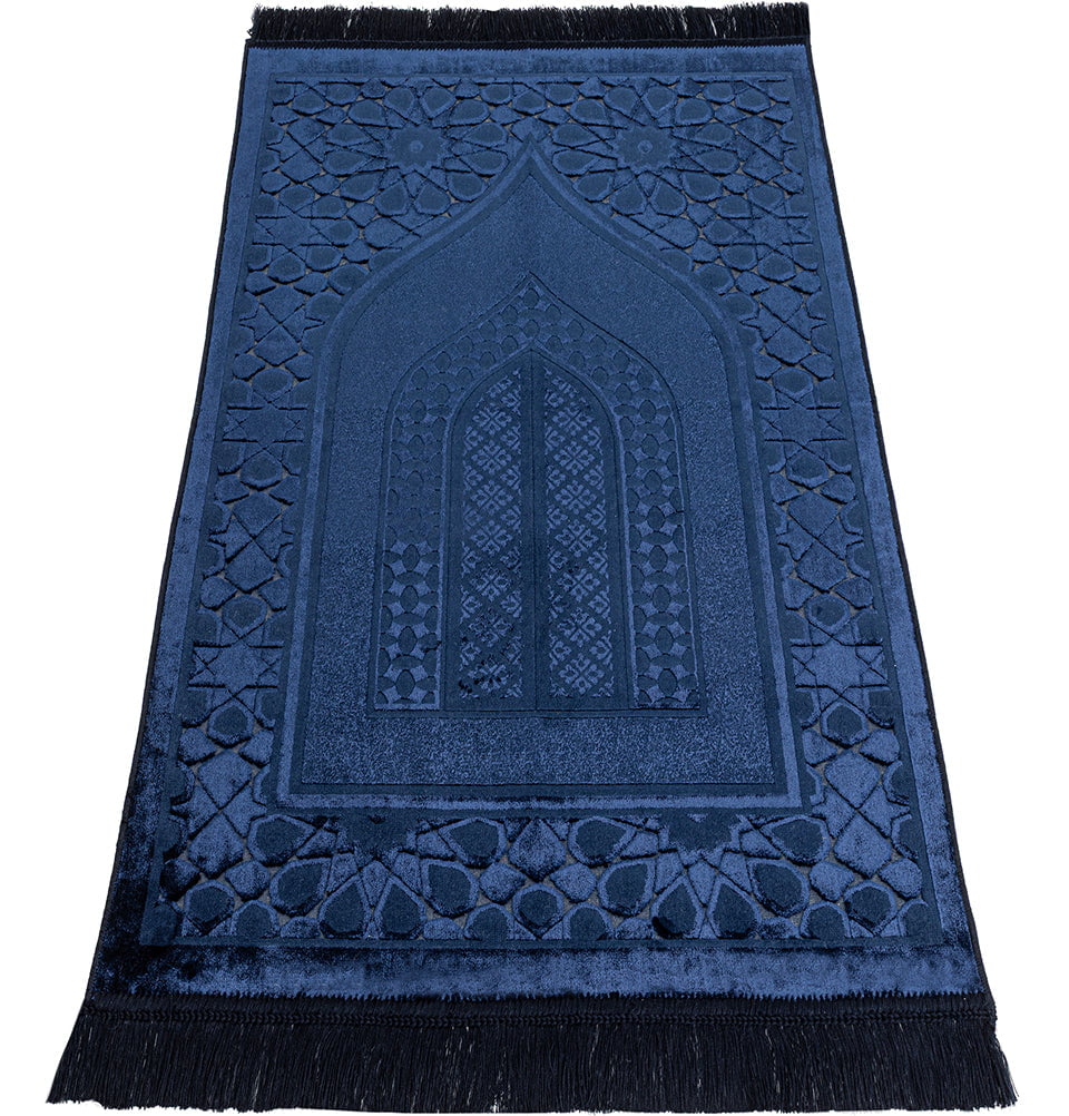 Luxury Velvet Islamic Prayer Rug Moroccan Star - Navy Blue