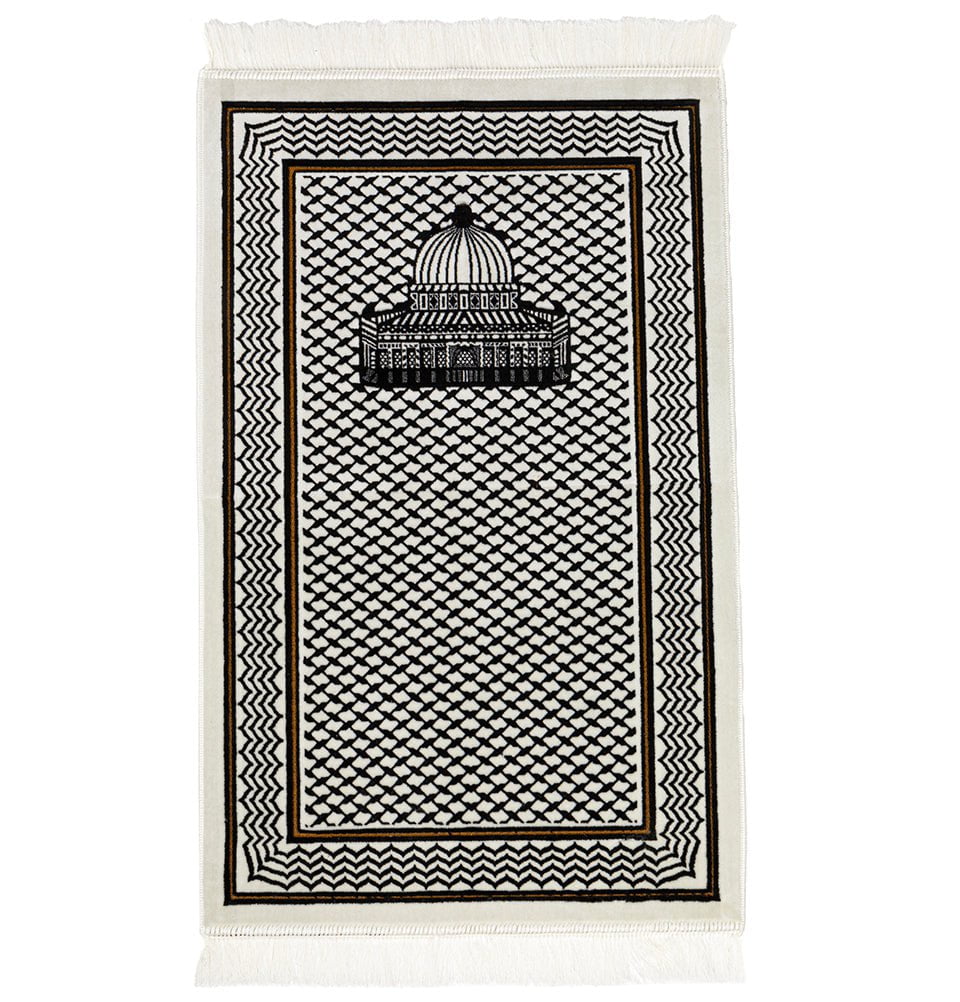 Palestine Velvet Islamic Prayer Rug - Aqsa Black & White