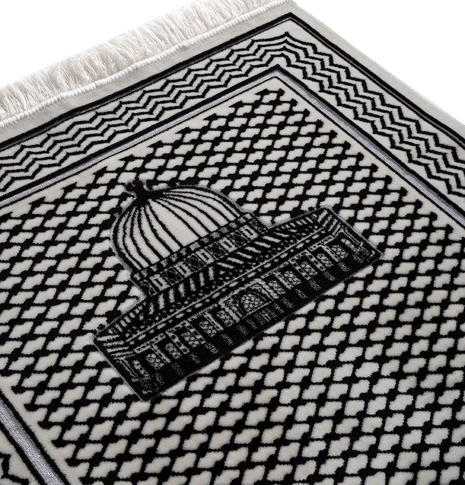 Palestine Velvet Islamic Prayer Rug - Aqsa Black & White