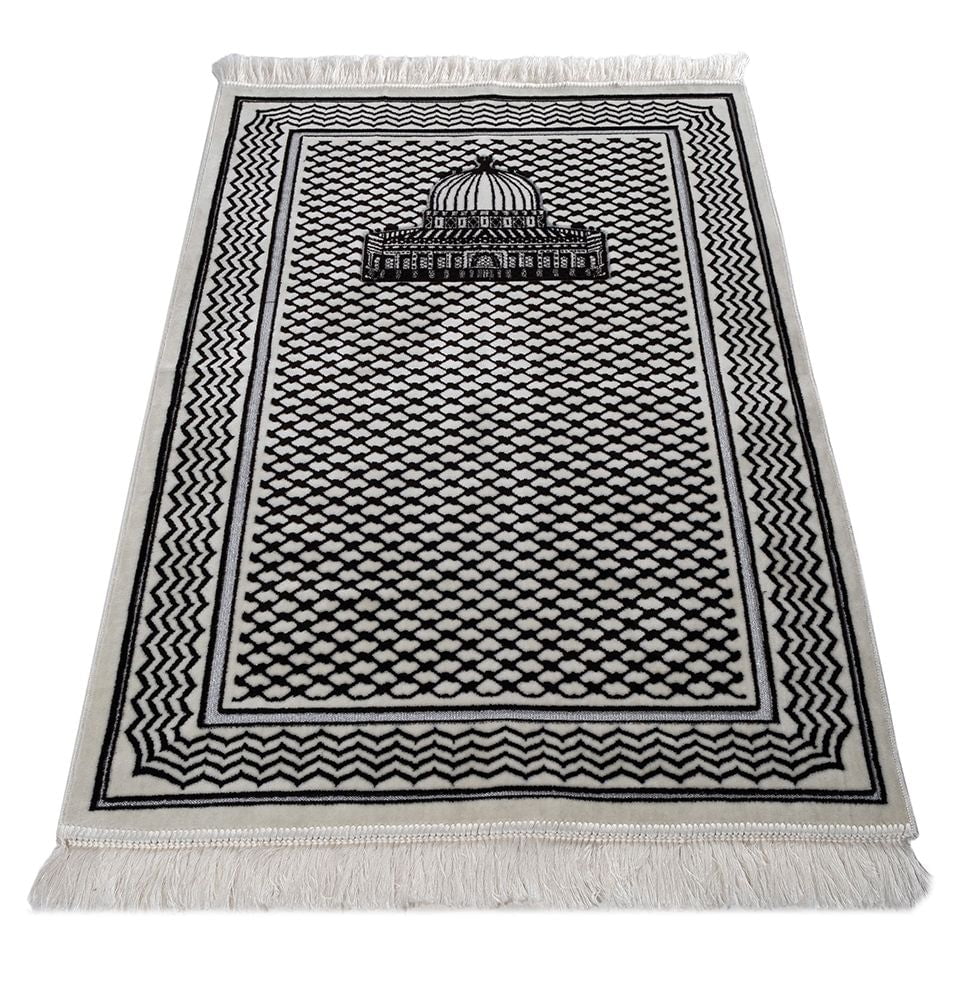 Palestine Velvet Islamic Prayer Rug - Aqsa Black & White