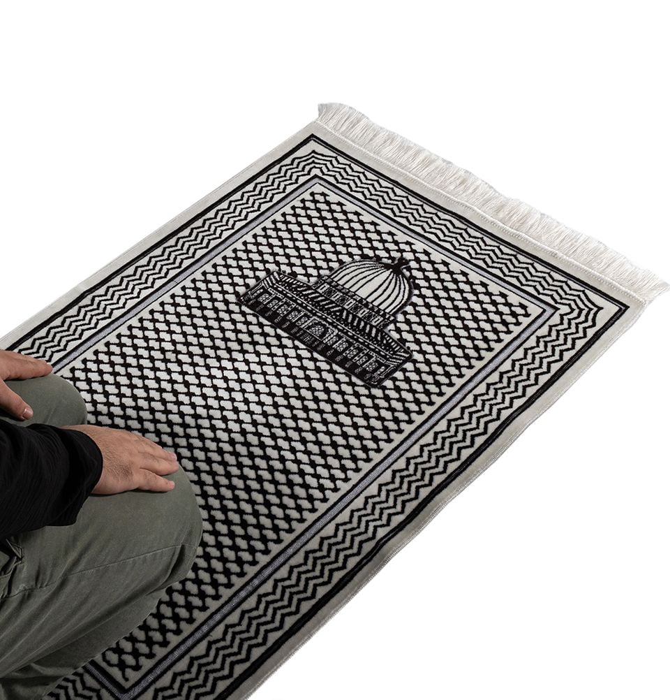 Palestine Velvet Islamic Prayer Rug - Aqsa Black & White