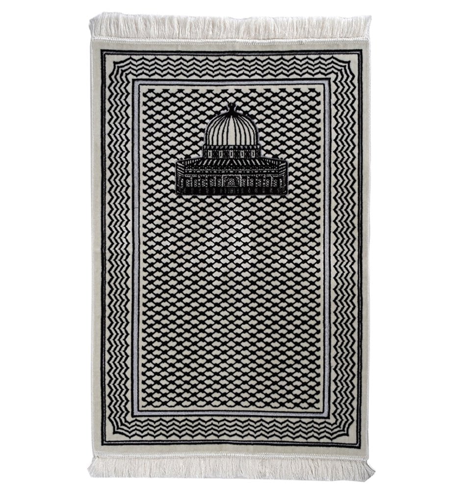 Palestine Velvet Islamic Prayer Rug - Aqsa Black & White