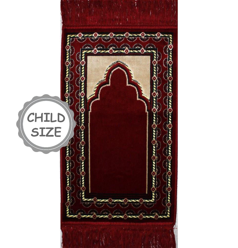 Child Velvet Islamic Prayer Rug - Red with Dotted Border