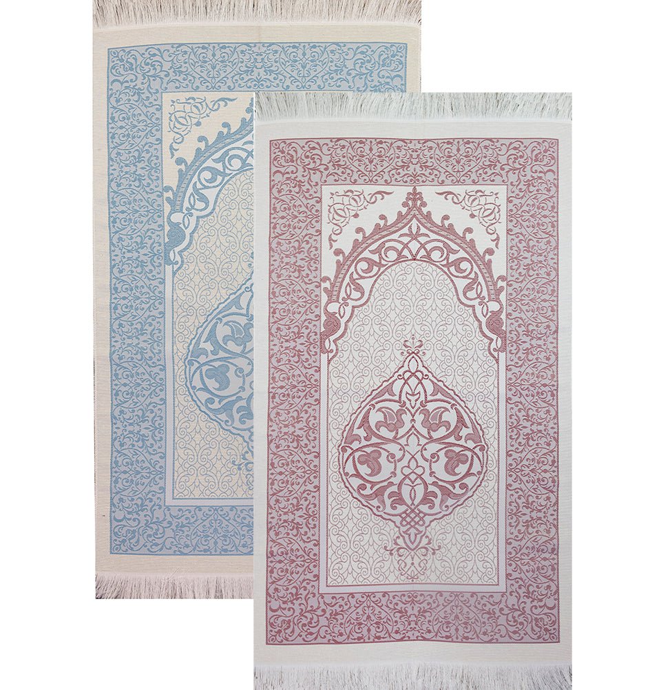Chenille Ottoman Islamic Prayer Mat COMBO Set of 2 (White/Blue + White