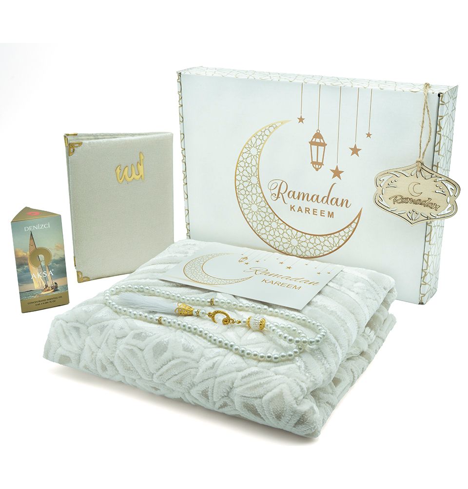 Luxury Velvet Islamic Prayer Rug 5 Piece Ramadan Gift Set - White
