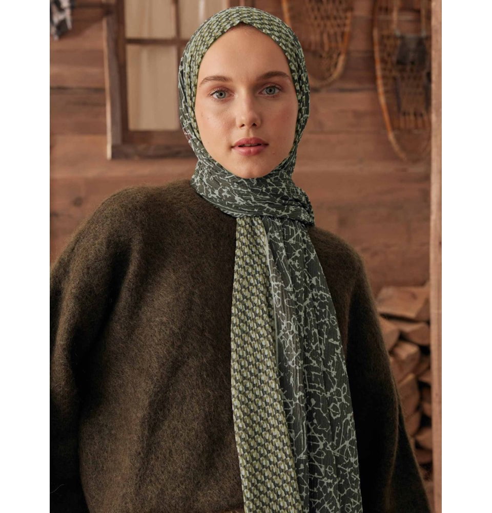 Mixed Pattern Crinkle Cotton Hijab Shawl - Olive Green