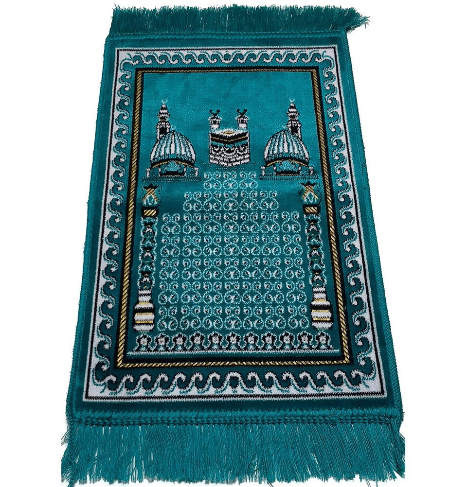 Child Velvet Islamic Prayer Rug - Kaba & Mosque - Teal