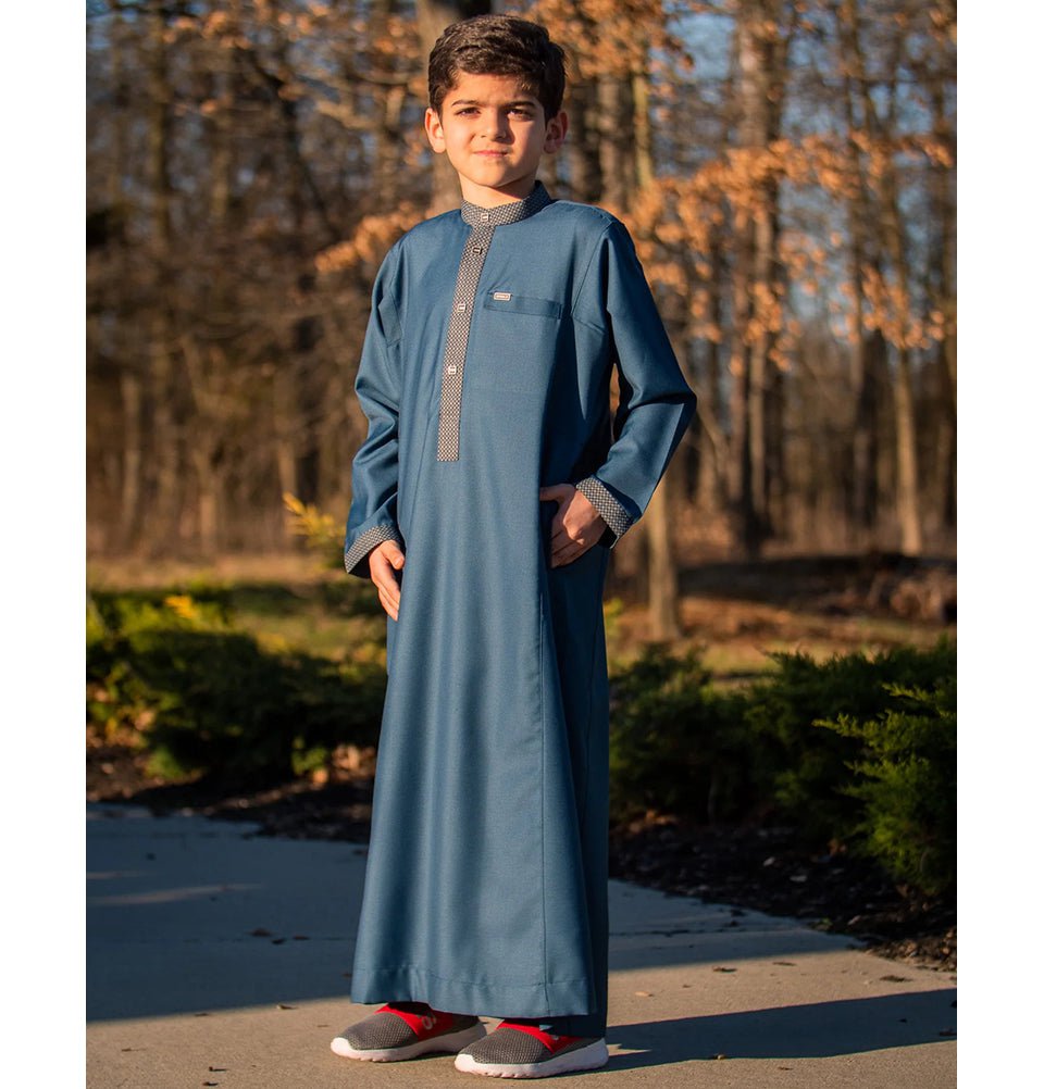 Boy's Full Length Long Sleeve Islamic Thobe - 500 Checkered Blue
