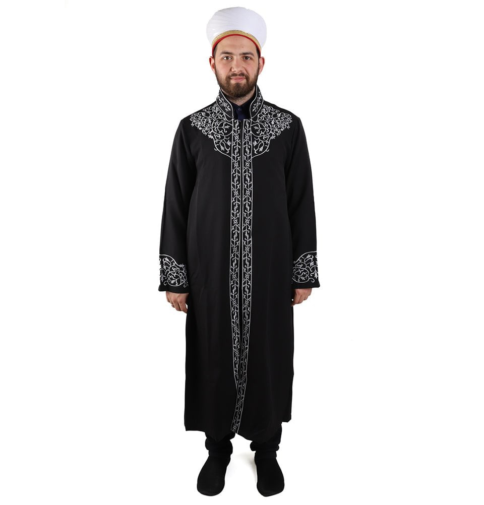 Men's Embroidered Turkish Cubbe Islamic Thobe - Black