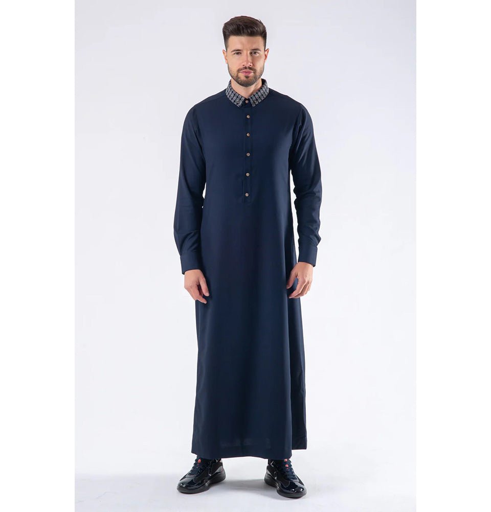 Men's Casual Full Length Islamic Thobe AAR2402 Knitted Collar Navy Blu