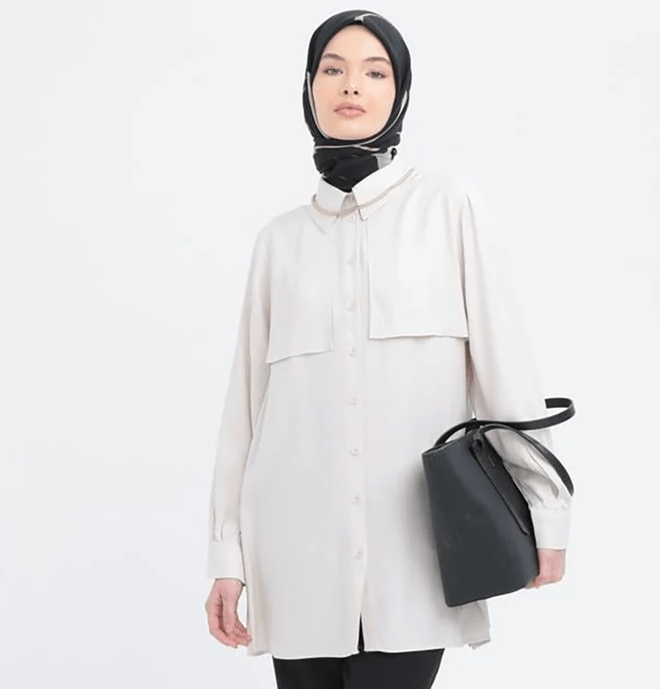 Modern Muslim Women's Front Wind Flap Tunic - M51322 Stone Beige
