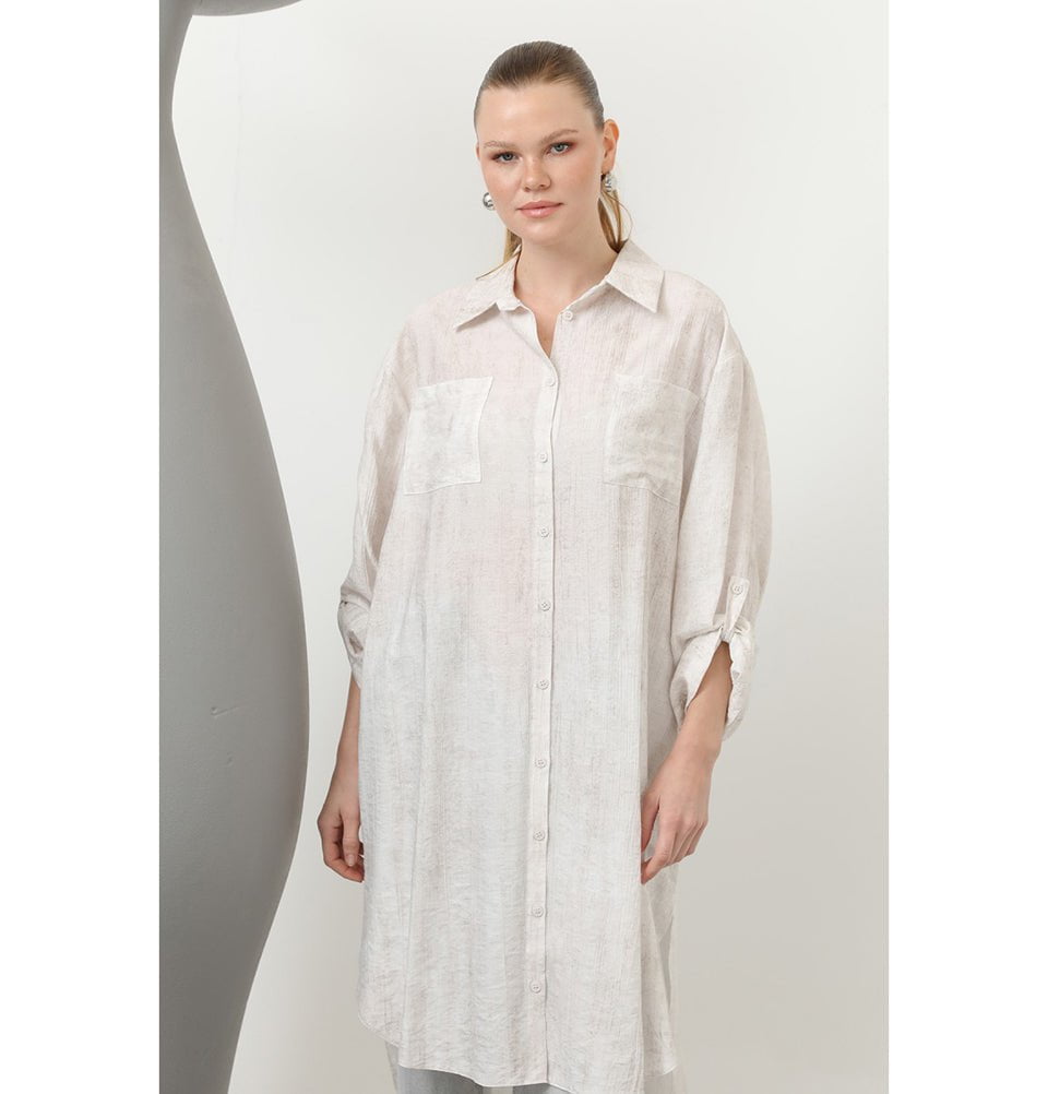 Modest Muslim Women's Sleek Long Button Down Tunic - 10639 Ekru