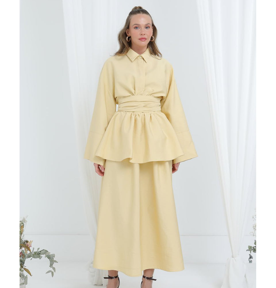 Muslim Women's Taffeta Belted Tunic & Skirt Set - 20682 Yellow