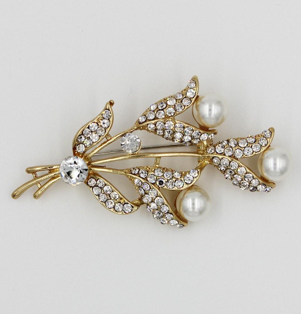 Turkish Jeweled Brooch Tulip Bouquet with Faux Pearls