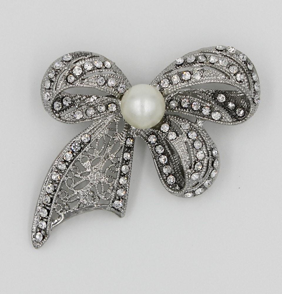 Turkish Jeweled Brooch Rhinestone Ribbon with Faux Pearl