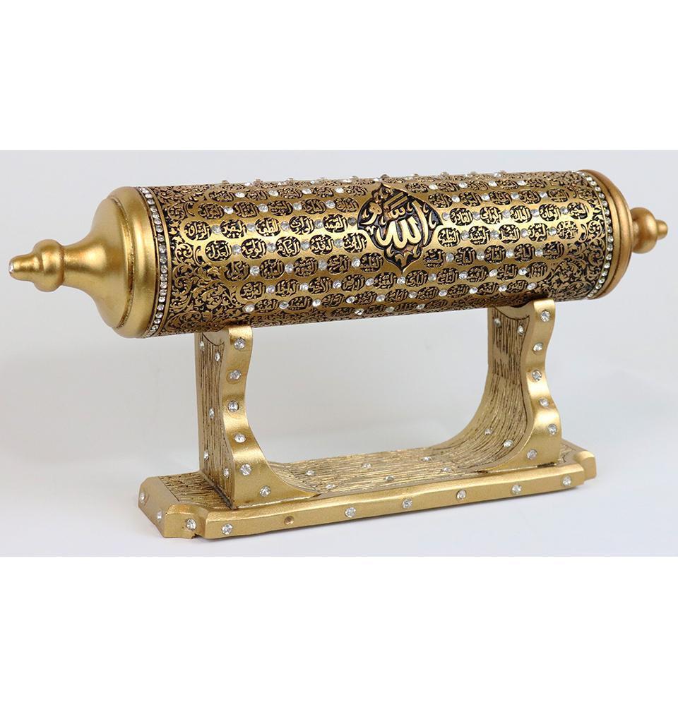 Islamic Table Decor 99 Names of Allah Scroll & Stand Gold
