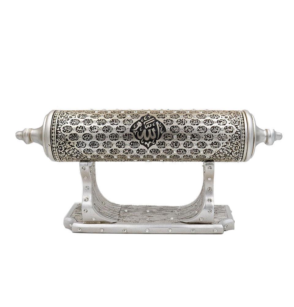 Islamic Table Decor 99 Names of Allah Scroll & Stand Silver