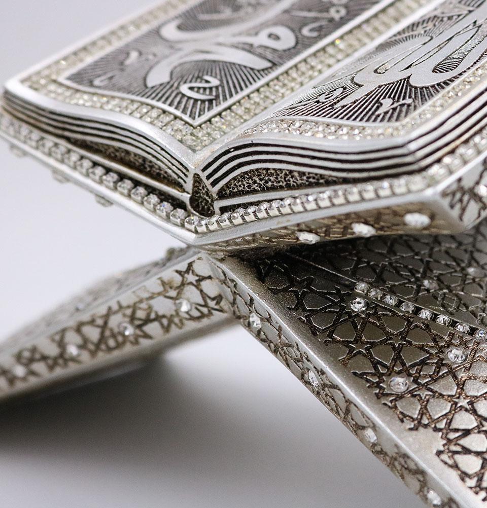 Islamic Table Decor Quran Open Book Stand Allah Muhammad - Silver
