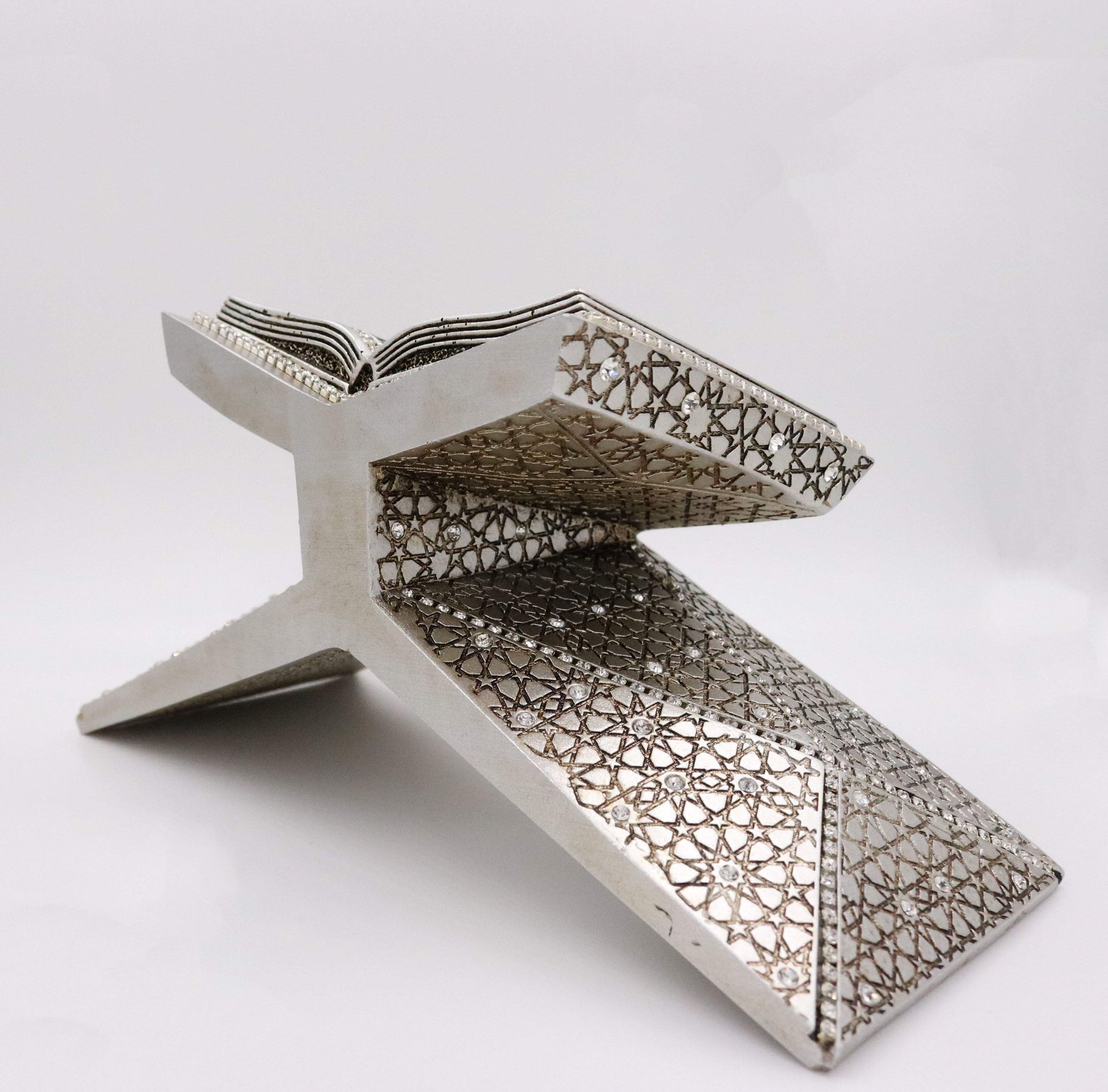 Islamic Table Decor Quran Open Book Stand Allah Muhammad - Silver